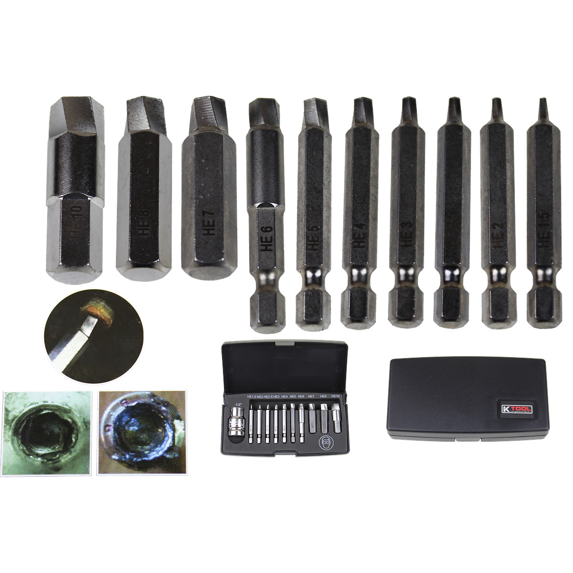 K Tool International Damaged Hex Screw Extractor Set - 11-Piece, 50mm Hex Extractors, 10mm Shank ...